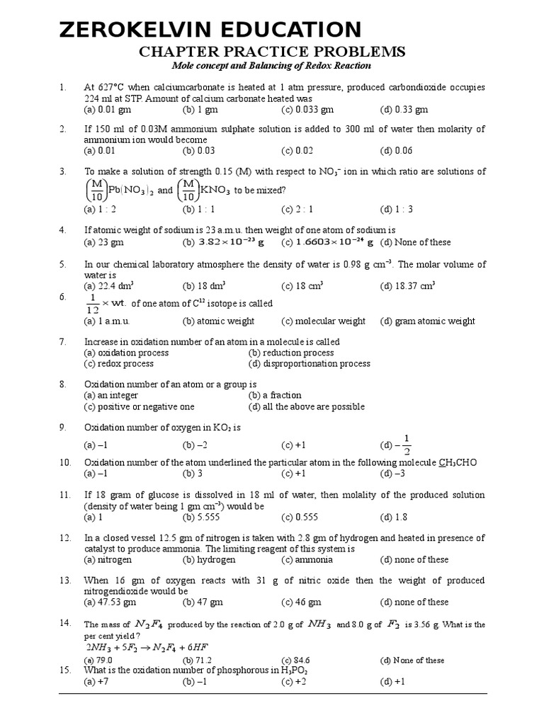 Mole Concept and Balancing Redox Reactions Practice Problems | PDF ...