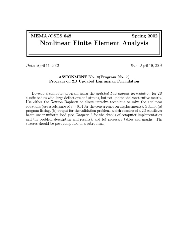 Nonlinear Finite Element Analysis: Mema/Cses 648 Spring 2002 | PDF