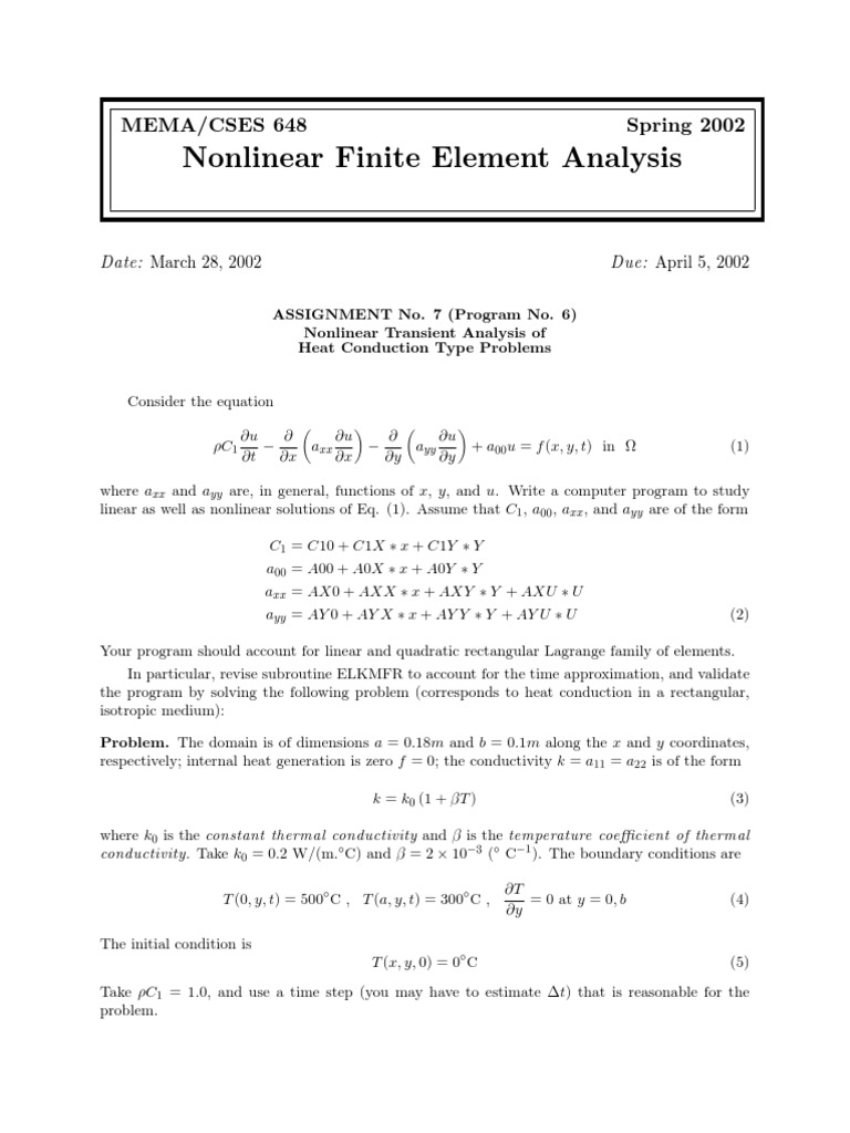 Nonlinear Finite Element Analysis: Mema/Cses 648 Spring 2002 | Download Free PDF | Finite ...