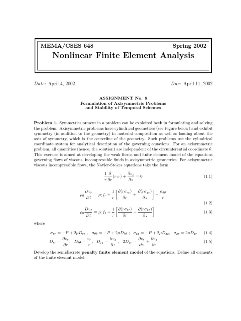 Nonlinear Finite Element Analysis: Mema/Cses 648 Spring 2002 | PDF | Stability Theory | Finite ...