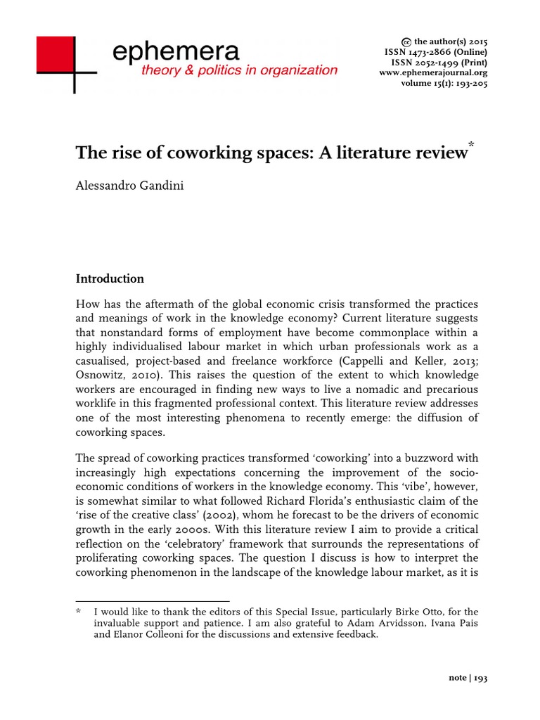 The Rise of Coworking Spaces: A Literature Review: Alessandro Gandini ...