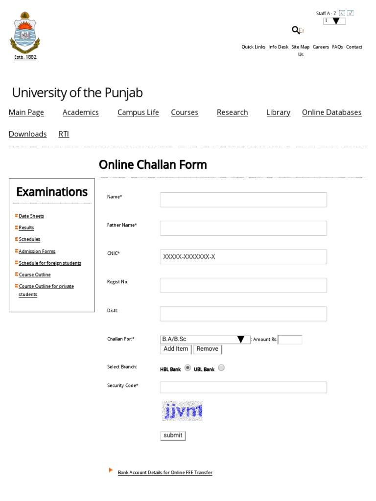 University of The Punjab: Examinations Examinations Online Challan Form ...