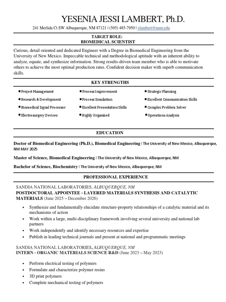 Sandia Labs Resume | PDF | Biomedical Engineering | Materials Science