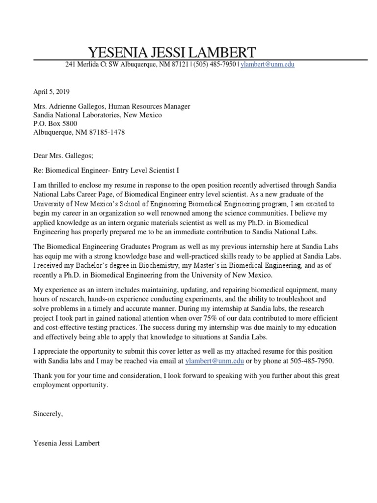 Sandia Labs Cover Letter | PDF | Biomedical Engineering | Doctor Of ...