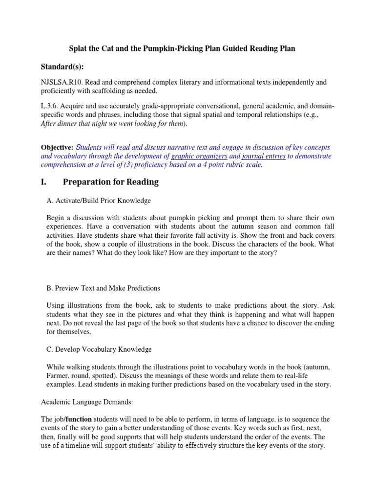 I. Preparation For Reading: Splat The Cat and The Pumpkin-Picking Plan ...