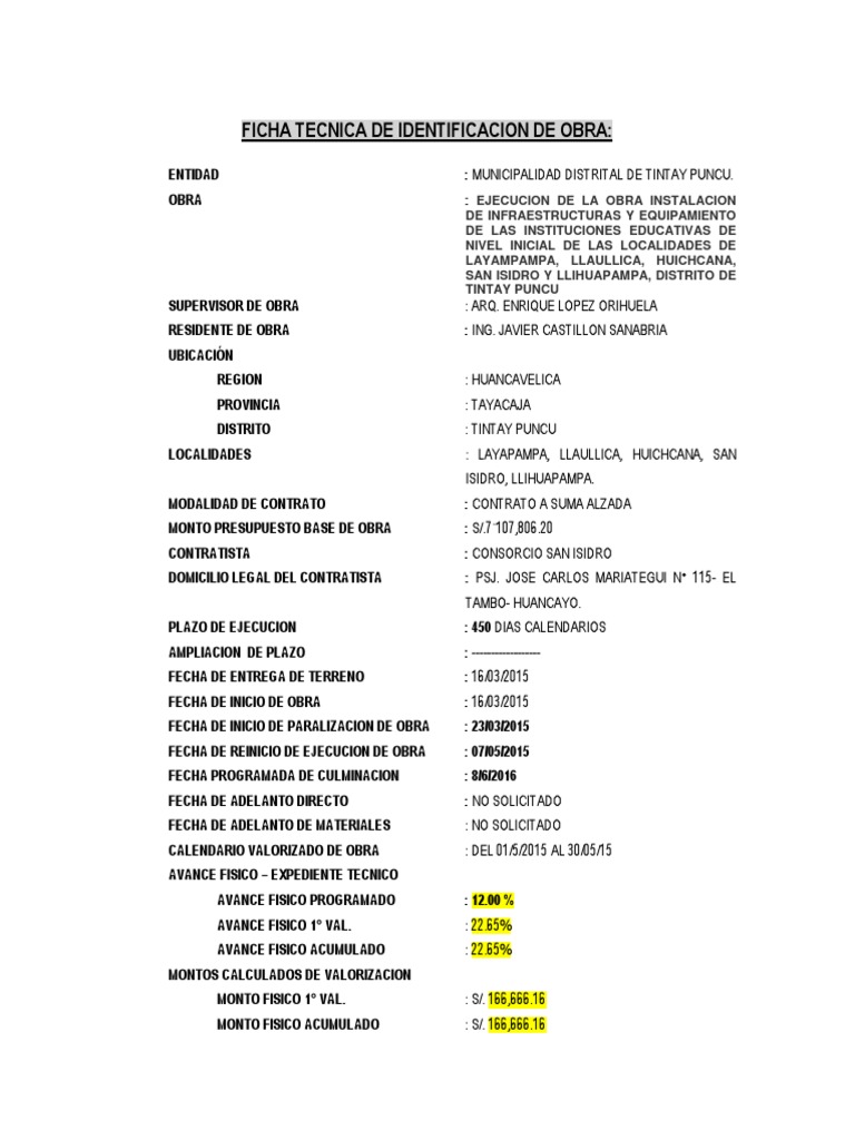 Ficha Tecnica de Obra - Primera Valorizacion - Mayo | PDF