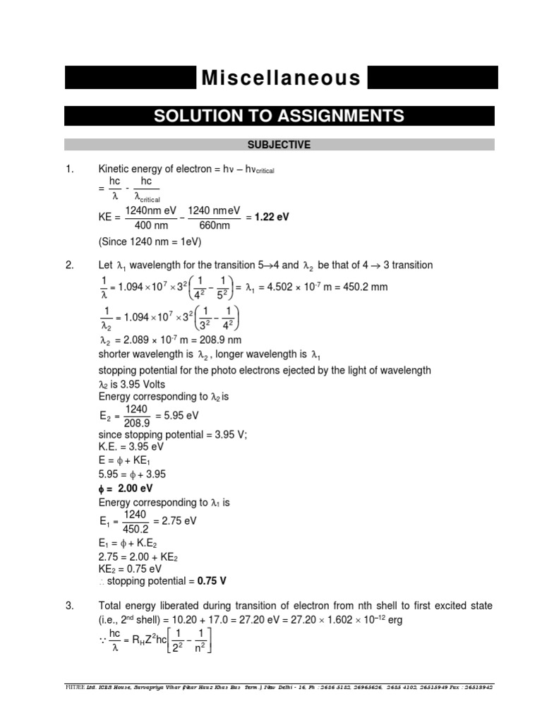 Miscellaneous Problems Solutions | PDF | Electronvolt | Ion