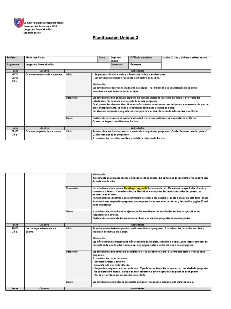 planificación lenguaje 2º básico unidad 2 2019.docx | Comprensión lectora