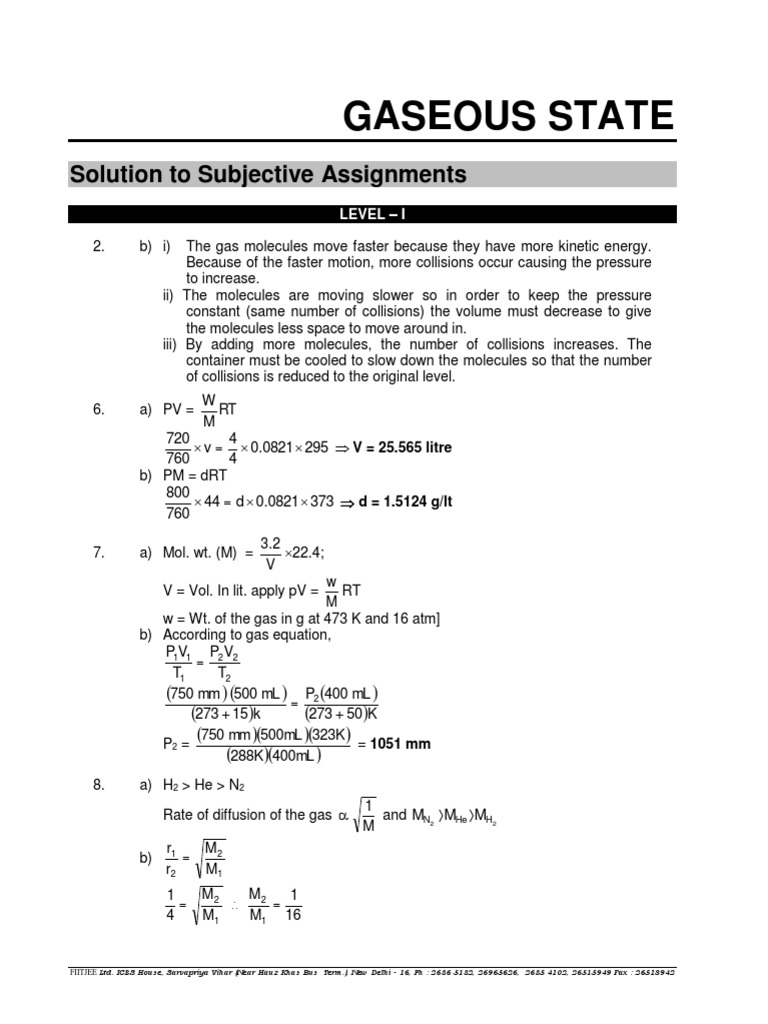 Gaseous State: Solution To Subjective Assignments | PDF | Gases | Physical Quantities