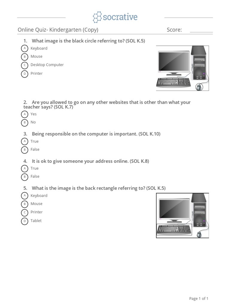 Kindergarten Online Computer Quiz | PDF
