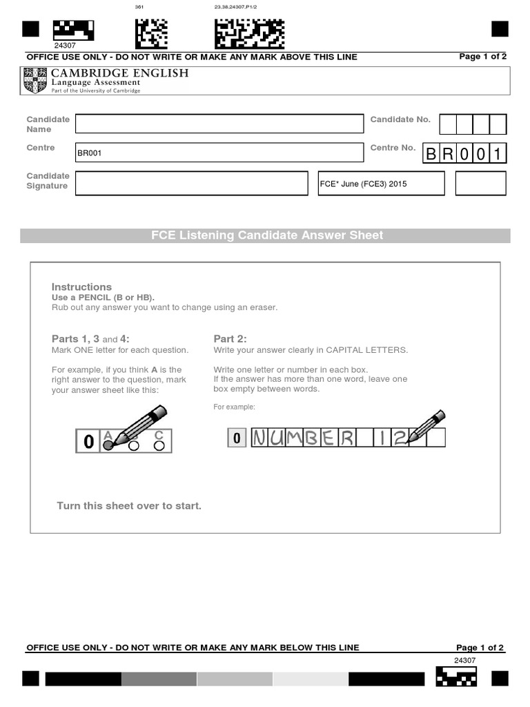 FCE Listening Candidate Answer Sheet | PDF