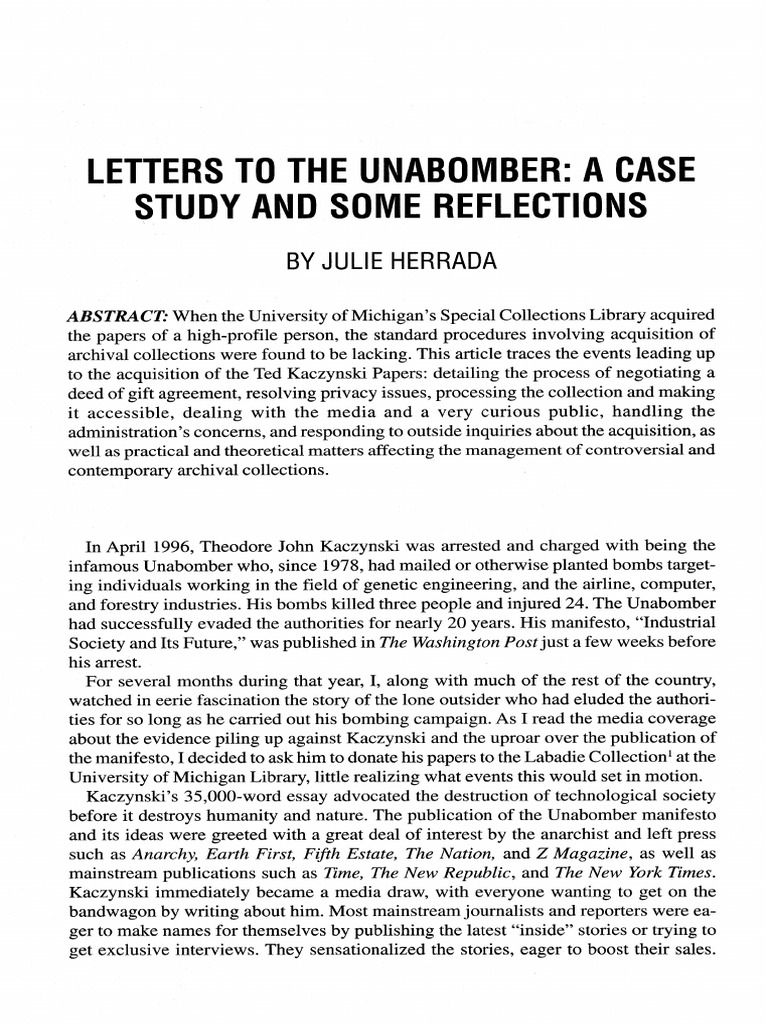 Letters To The Unabomber: A Case Study and Some Reflections | PDF