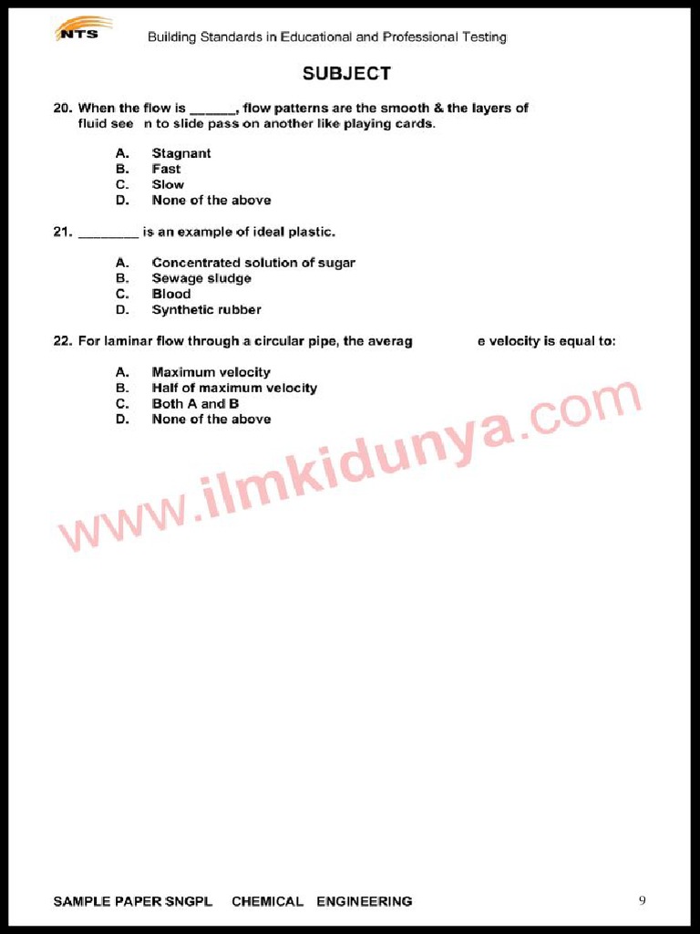 NTS Sample Past Papers Chemical Engineering Department Subject | PDF