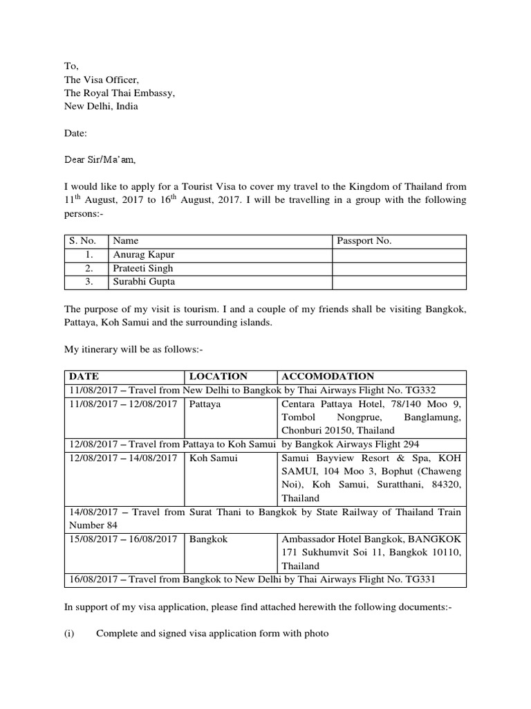 Thailand Tourist Visa Application Letter | PDF