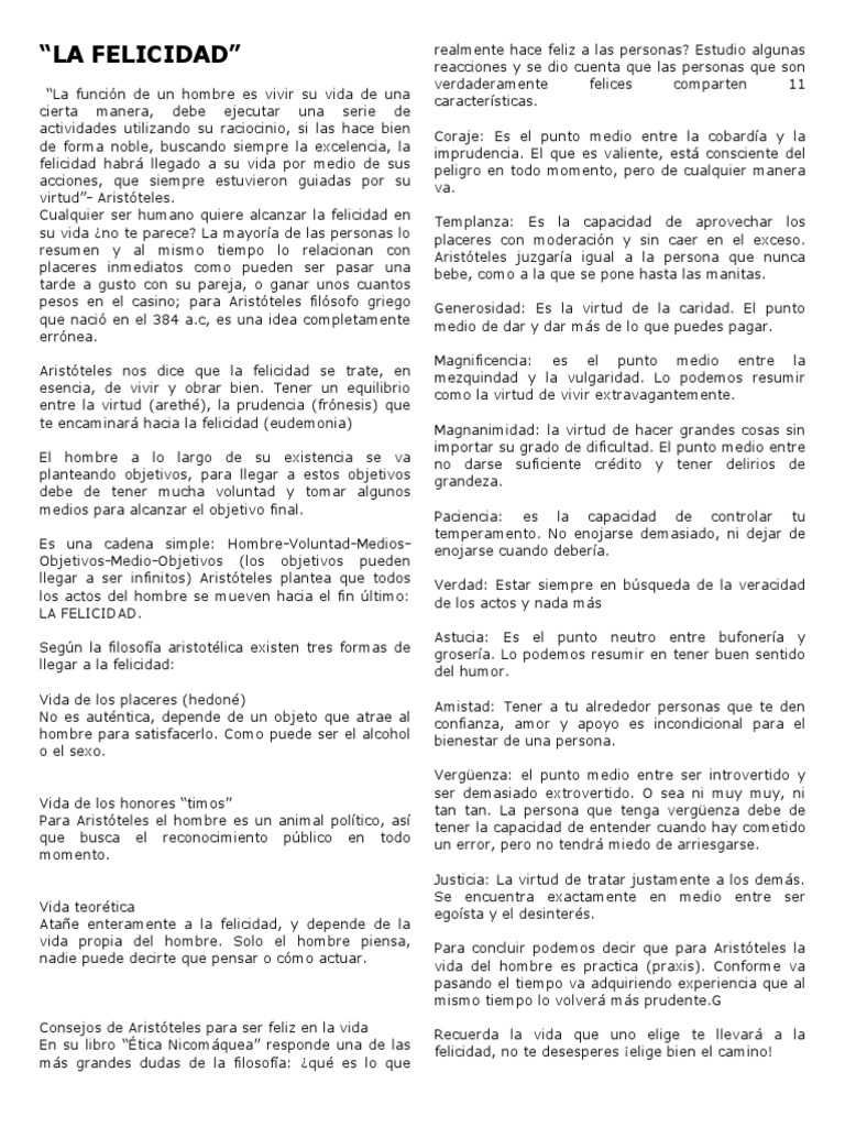 La búsqueda de la felicidad según Aristóteles | PDF | Felicidad ...