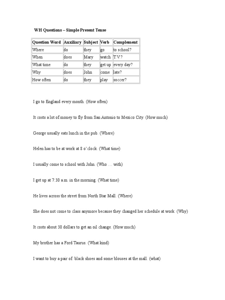 WH Questions - Simple Present Tense Question Word Auxiliary Subject ...