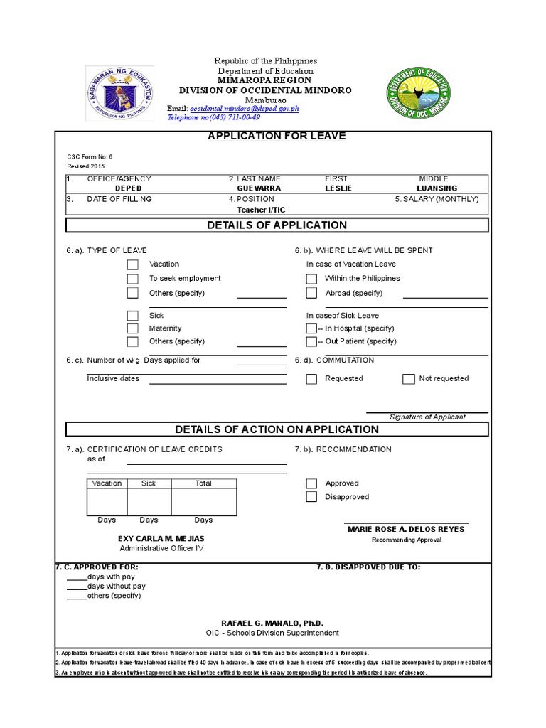 Form 6 Application For Leave | PDF | Leave Of Absence | Sick Leave