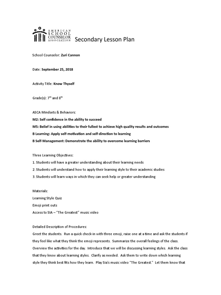 Secondary Lesson Plan: TH TH | PDF | Learning Styles | School Counselor
