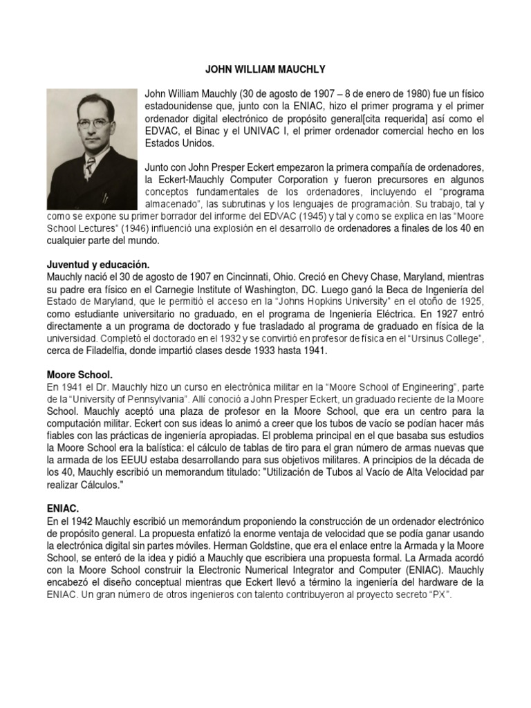 JOHN WILLIAM MAUCHLY - JOHN PRESPER ECKERT.docx | Ciencias de la Computación | Ingeniería ...
