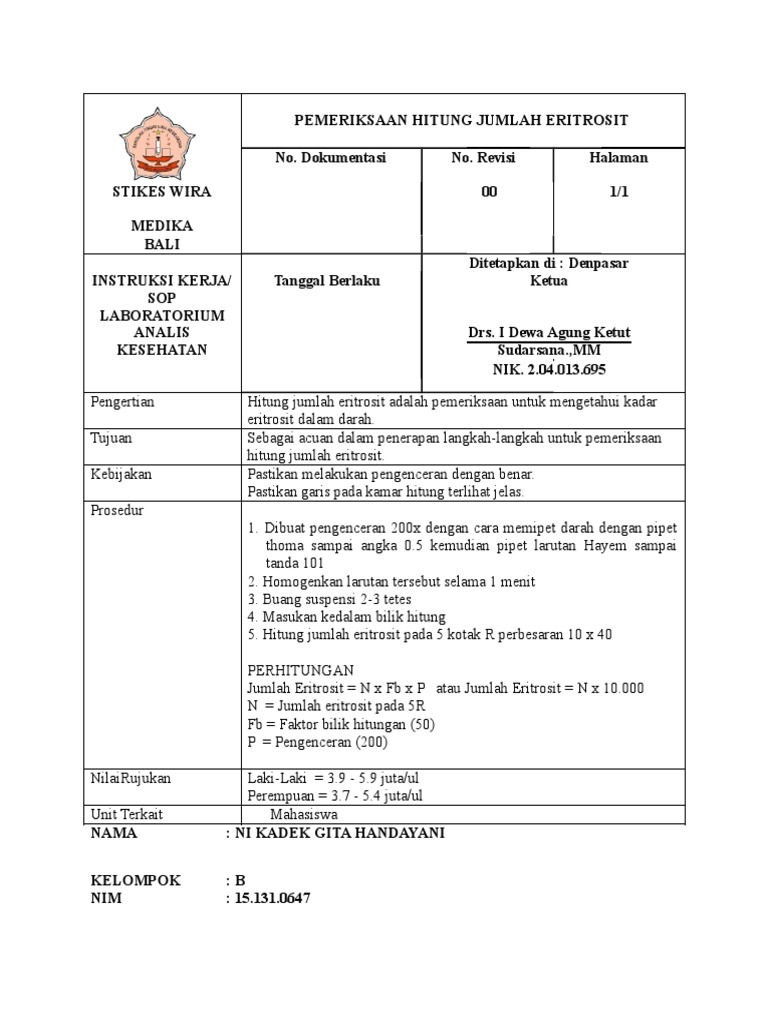 Pemeriksaan Hitung Jumlah Eritrosit | PDF Pemeriksaan Hitung Jumlah Eritrosit | PDF