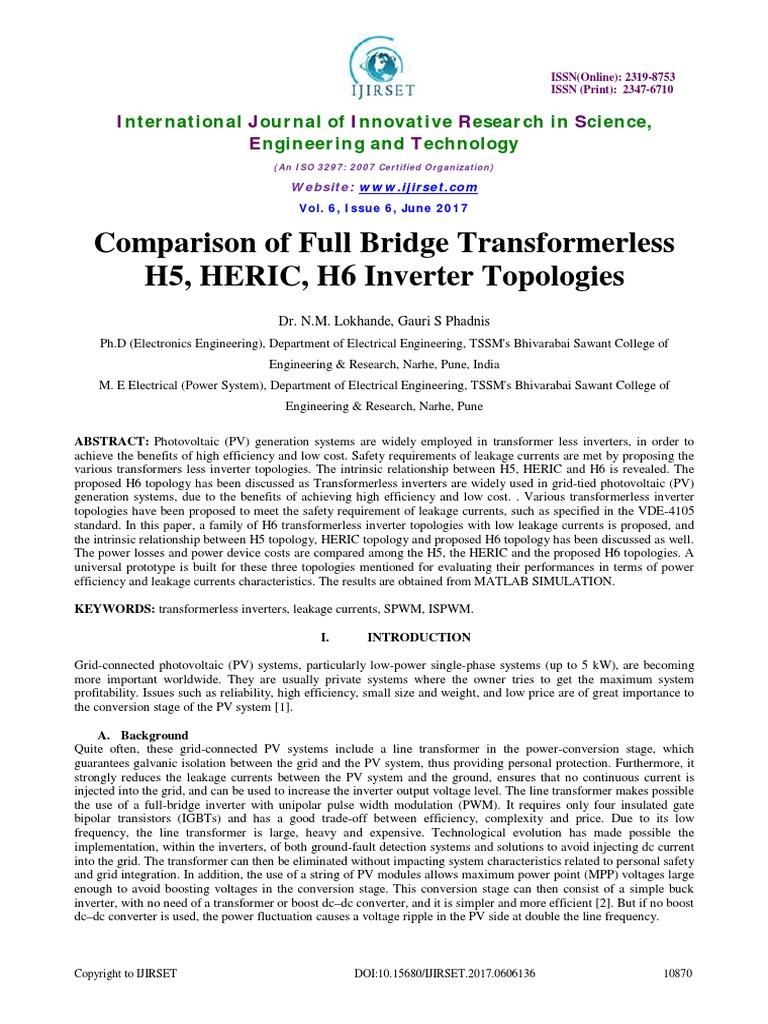 Comparison of Full Bridge Transformerless H5, HERIC, H6 Inverter ...