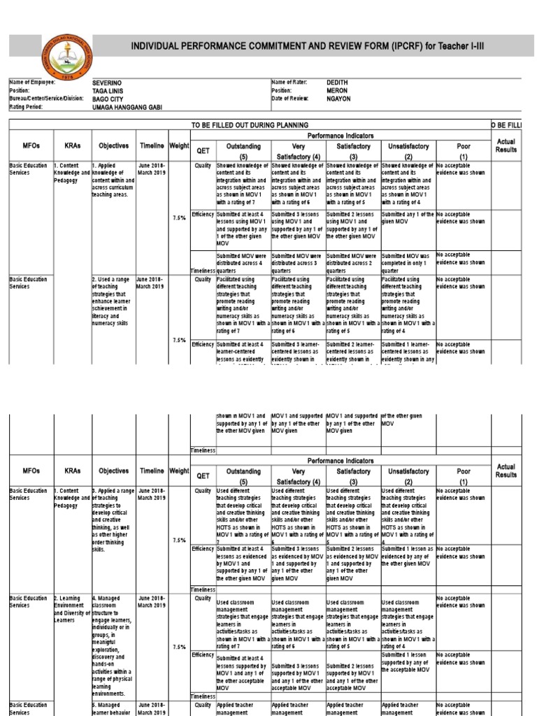 Individual Performance Commitment and Review Form (Ipcrf) For Teacher I ...