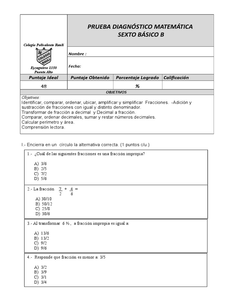 Prueba Diagnostico Matematica | PDF | Fracción (Matemáticas) | División ...