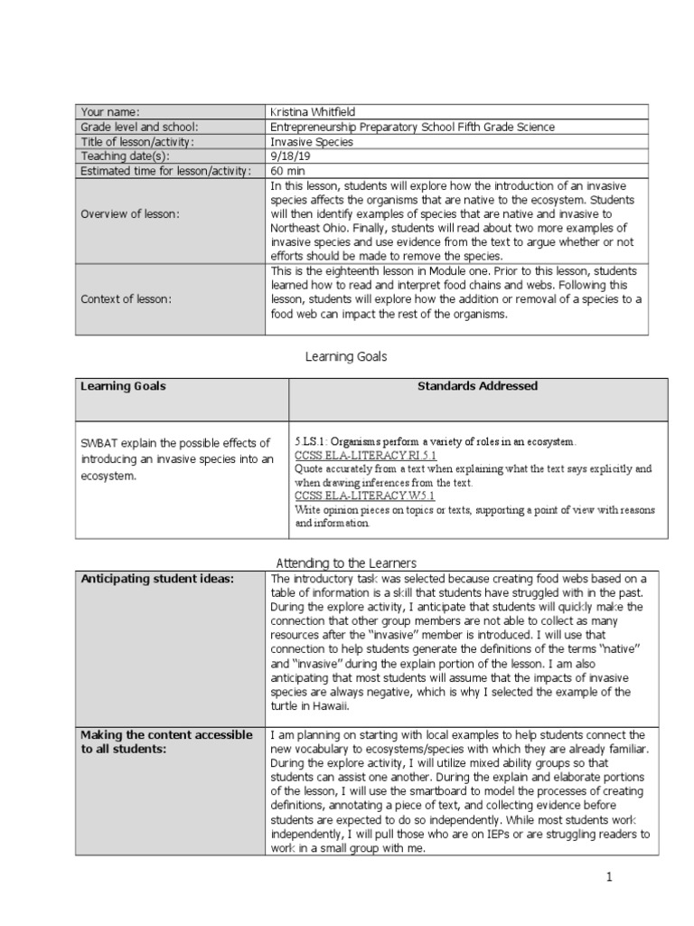 Example Lesson Plan | PDF | Invasive Species | Species