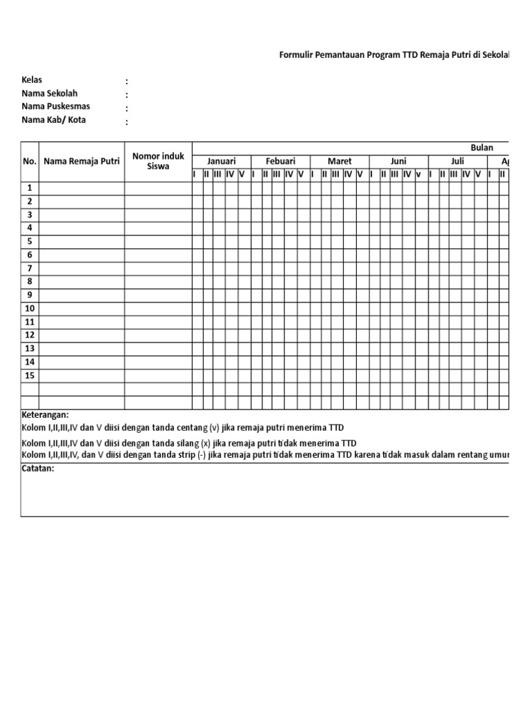 BLANKO Formulir Pemantauan Program TTD Remaja Putri Di Sekolah | PDF