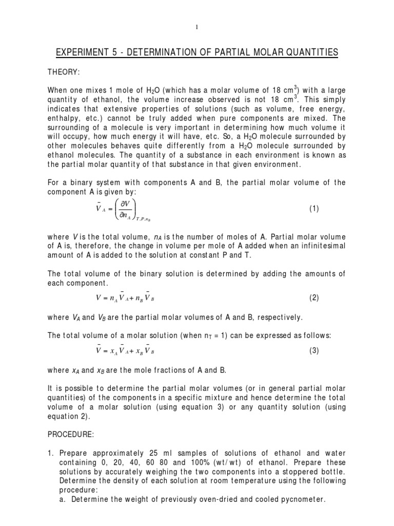 EXP5-Determination of Partial Molar Quantities | PDF | Mole (Unit ...
