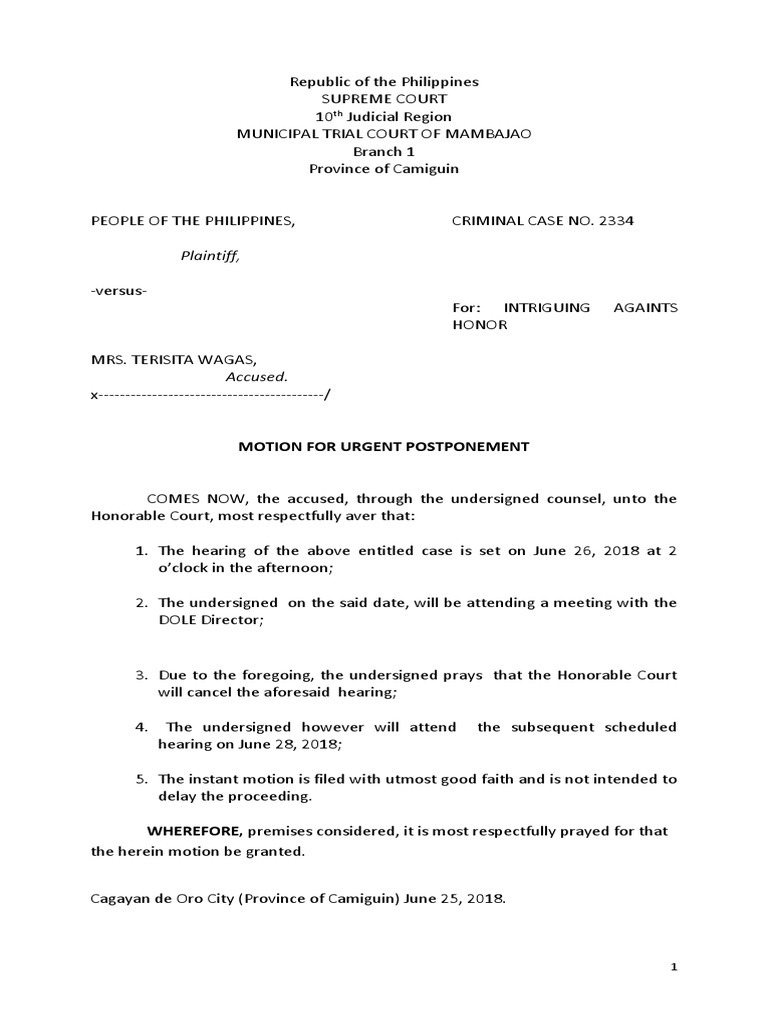 Motion For Postponement (Pabua) | PDF | Law