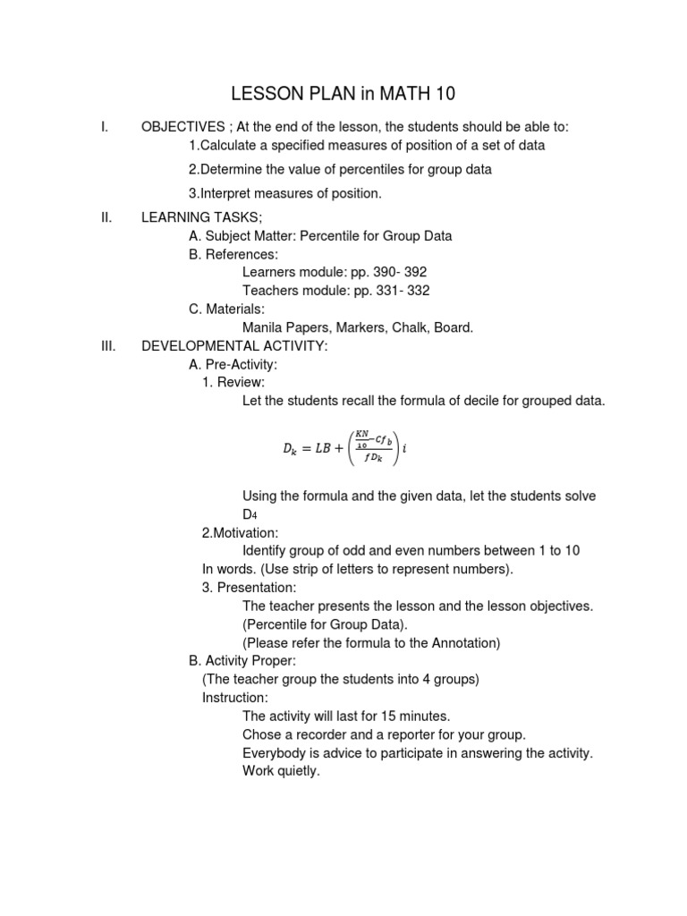 Calculating Percentiles in Math Lesson Plan | PDF | Lesson Plan ...