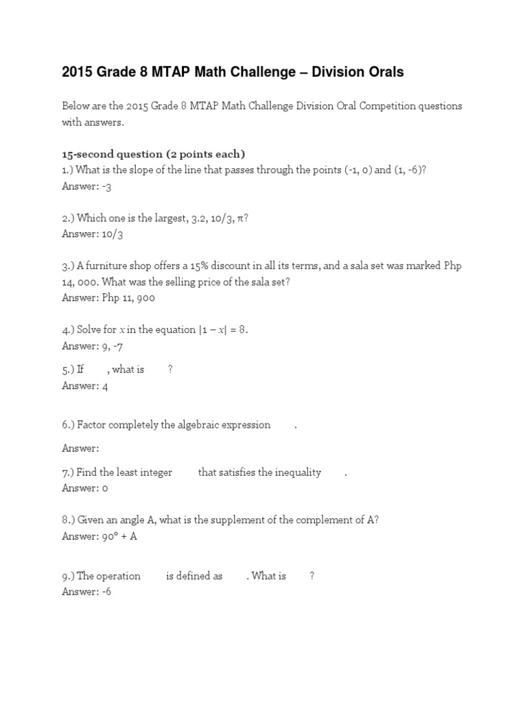 2015 Grade 8 Math Challenge Questions | PDF | Abstract Algebra ...