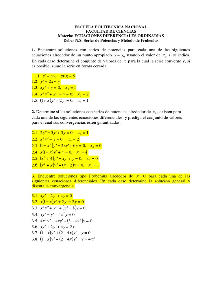 Deber 8 Series de Potencias | PDF | Calculo diferencial | Ecuaciones