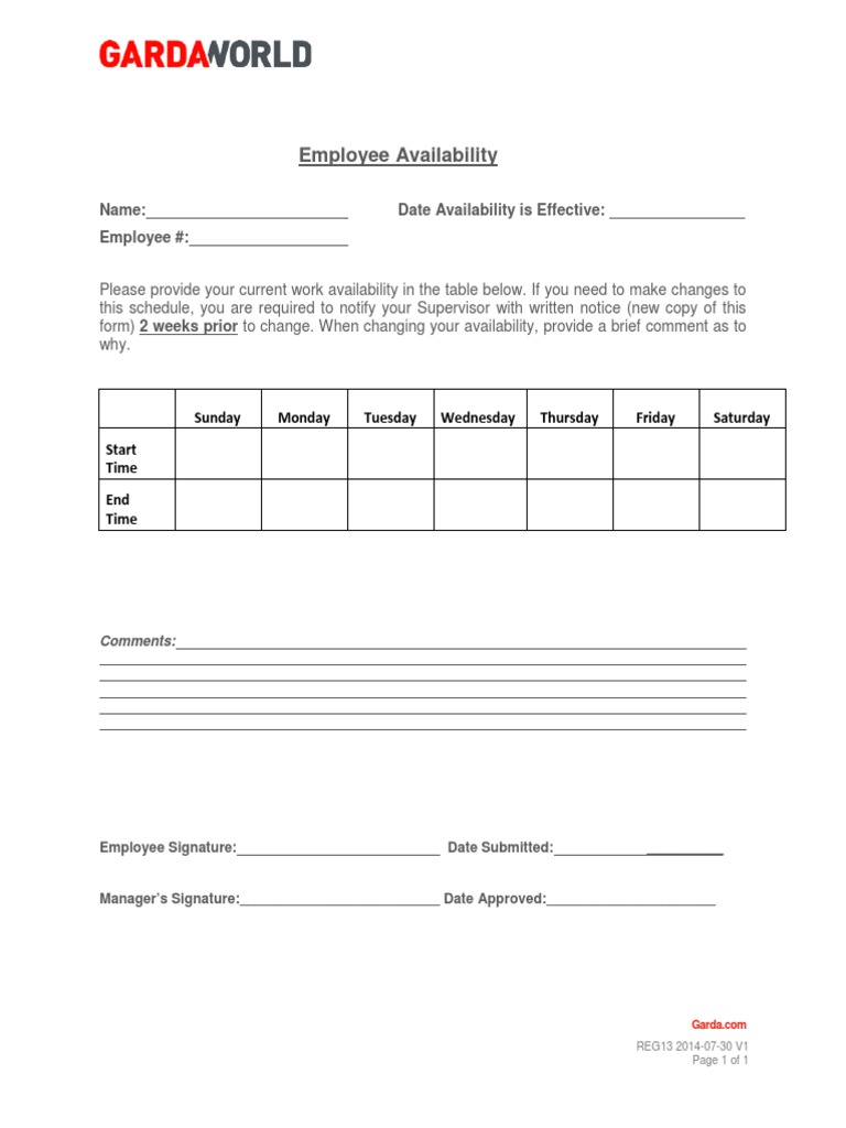 Employee Work Availability Form | PDF