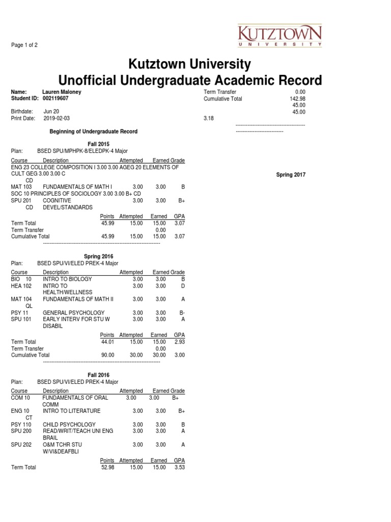 Kutztown Transcript | PDF | Education Policy | School Types