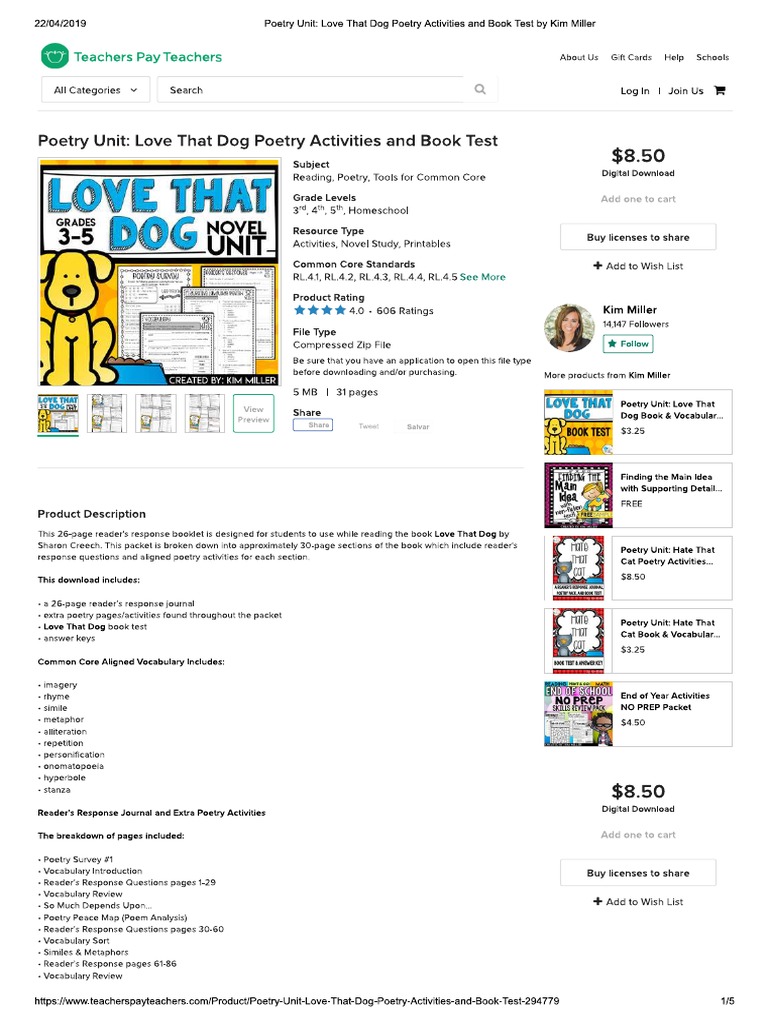 Poetry Unit Love That Dog Poetry Activities and Book Test | PDF