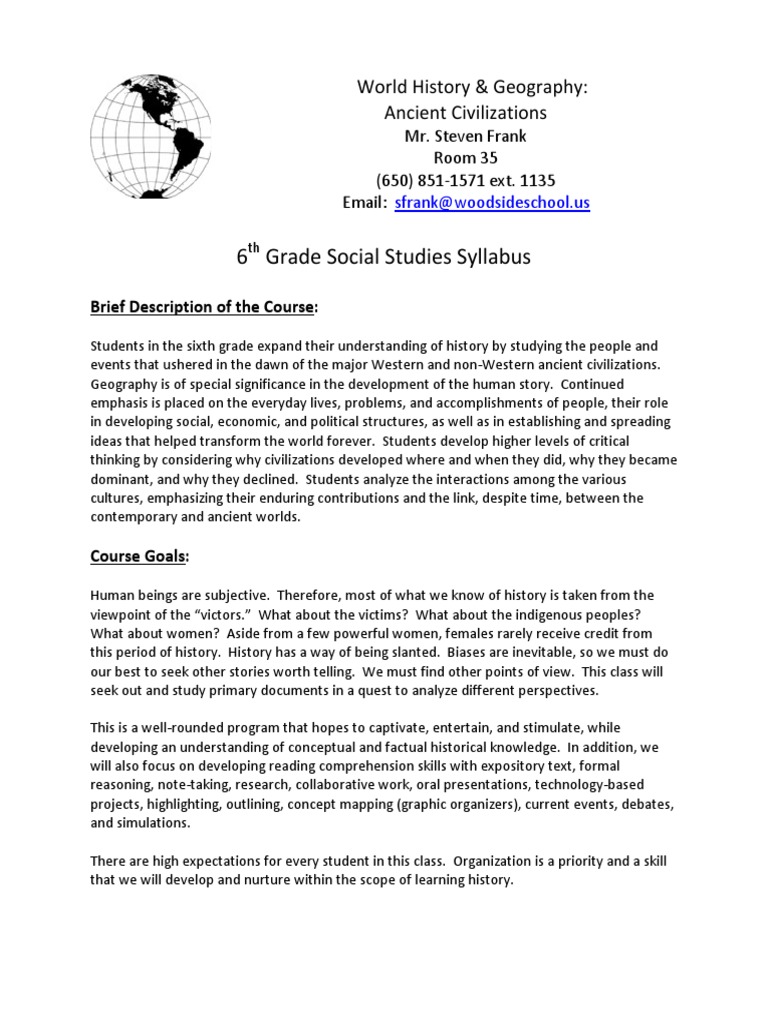 6 Grade Social Studies Syllabus: World History & Geography: Ancient ...