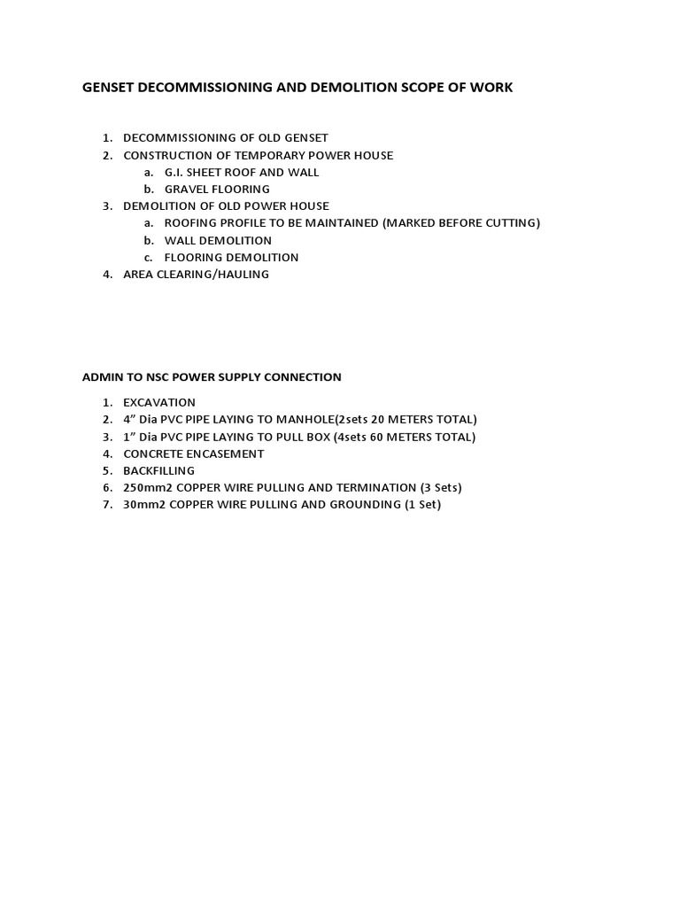 Genset Decommissioning and Demolition Scope of Work | PDF