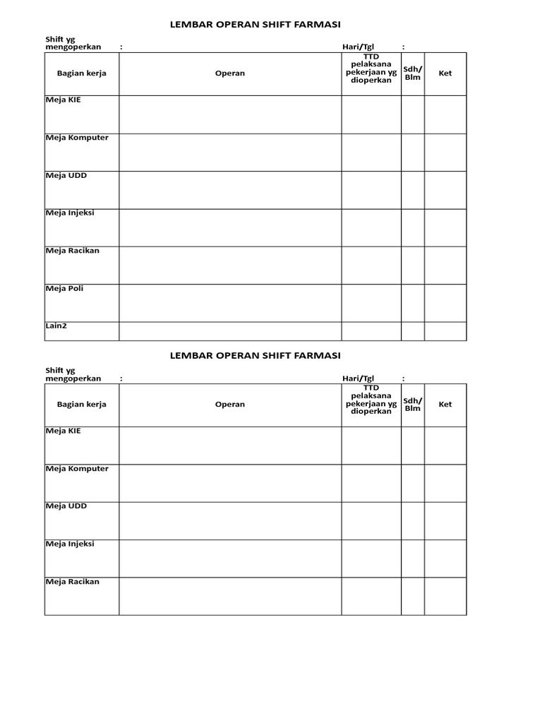 Lembar Operan Shift Farmasi | PDF