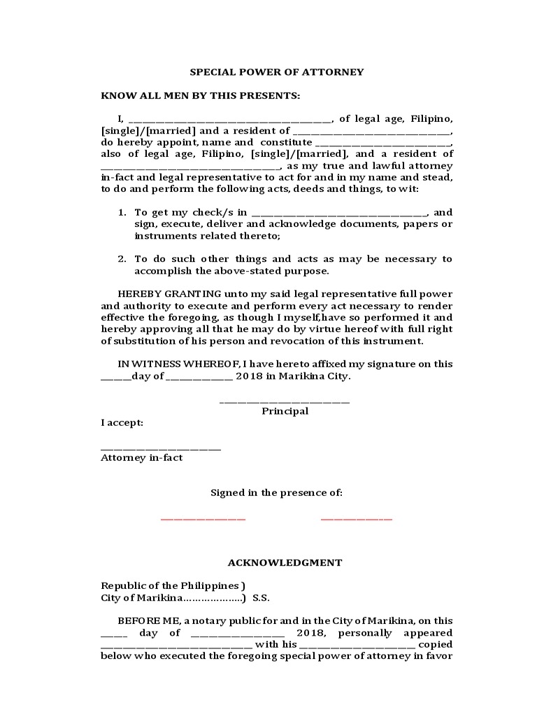 SPECIAL POWER OF ATTORNEY To Collect Check - TEMPLATE | PDF