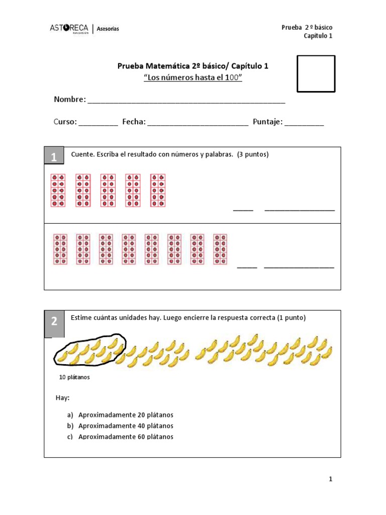 Prueba Matemática: Números hasta 100 | PDF | Enseñanza de matemática ...