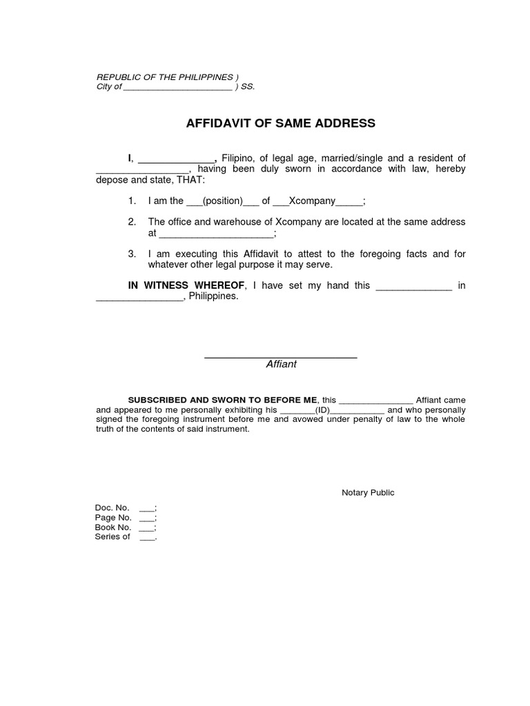 Affidavit of Same Address: I, - , Filipino, of Legal Age, Married ...