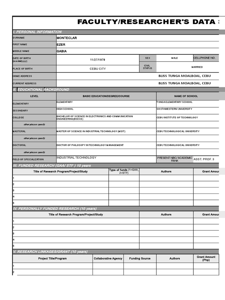 Faculty&Researcher's Data Sheet | PDF | Doctor Of Philosophy | Bachelor ...