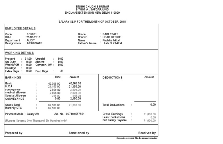 Employee Details: Computer Generated Slip. No Signature Required | PDF