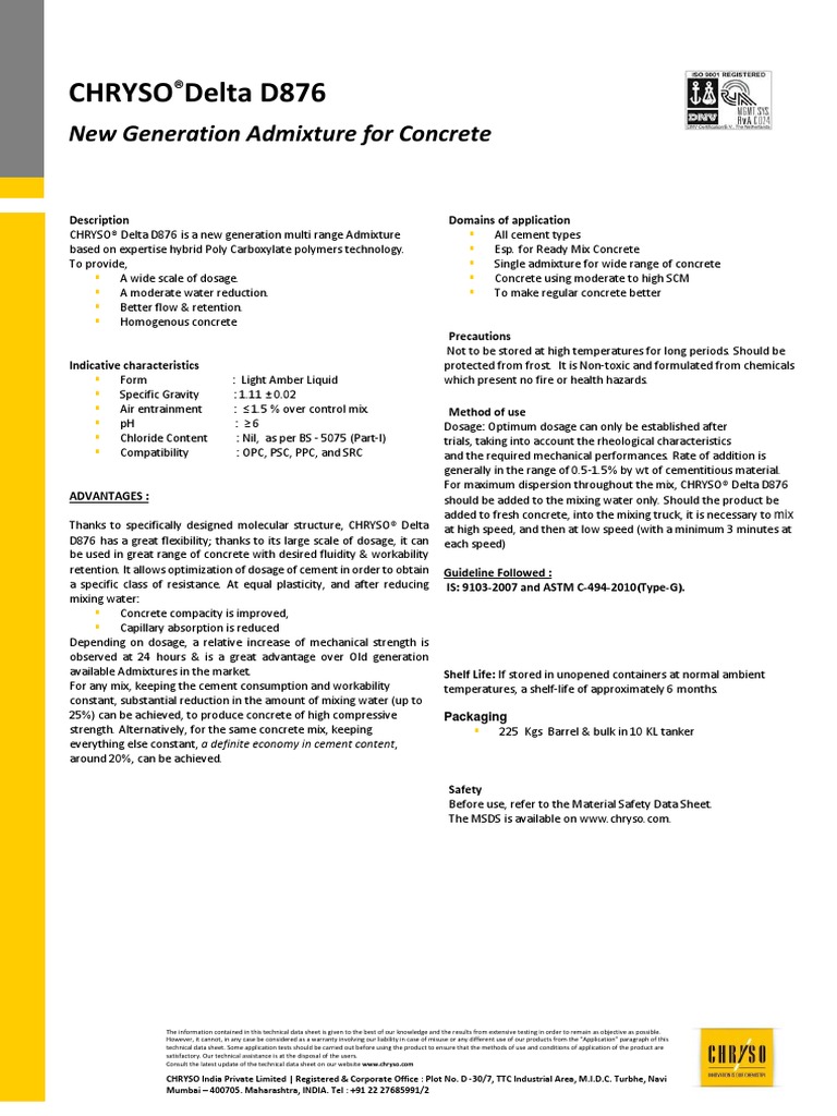 Technical Data Sheet Chryso Delta d876 - 6173 - 3754 PDF | PDF ...