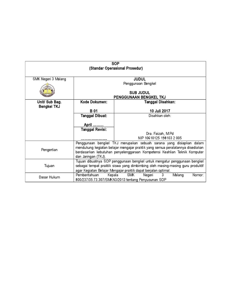 SOP Penggunaan Bengkel TKJ | PDF