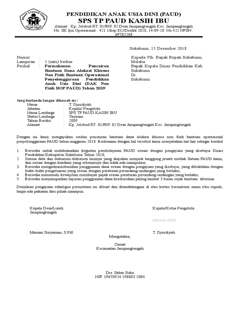 Contoh Proposal Pencairan BOP PAUD 2019 | PDF