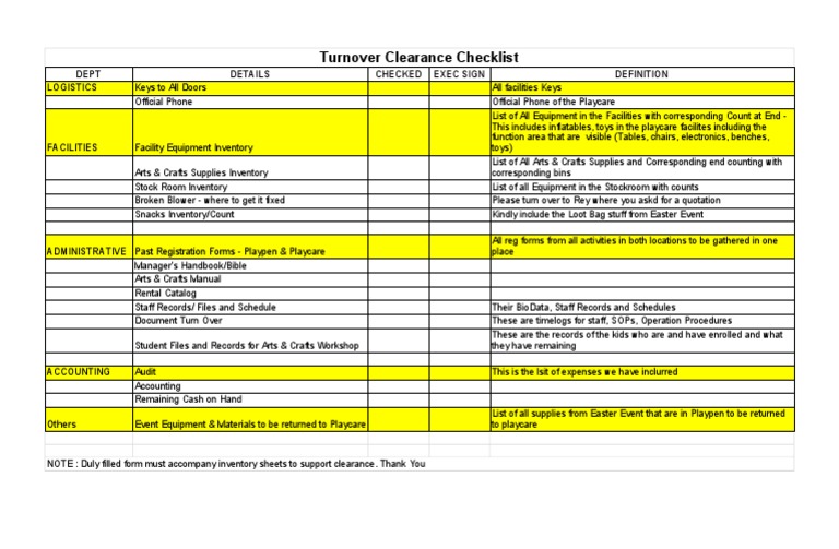 Turnover Clearance Checklist: Dept Details Checked Exec Sign Logistics ...