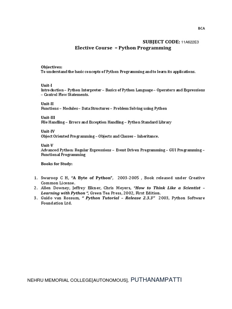Subject Code: Elective Course - Python Programming: Objectives | PDF | Computers | Technology ...
